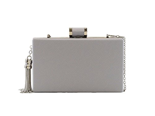 Hearty Trendy Faux Leather with Metal Frame and Tassel Fashion Minaudiere Evening Clutch Bag - Silver