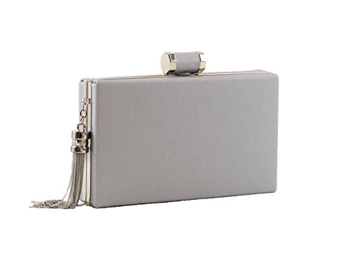 Hearty Trendy Faux Leather with Metal Frame and Tassel Fashion Minaudiere Evening Clutch Bag - Silver