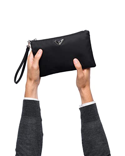 Prada Black Tessuto Nylon Pouch Case Clutch w Silver Prada Logo 1NH545, Small