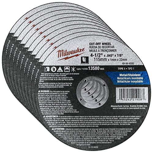 Milwaukee 10 Pack - 4 1 2 Cutting Wheels For Grinders - Aggressive Cutting For Metal & Stainless Steel - 4-1/2" x .045 x 7/8-Inch | Flat Cut Off Wheels