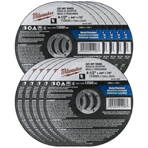 Milwaukee 10 Pack - 4 1 2 Cutting Wheels For Grinders - Aggressive Cutting For Metal & Stainless Steel - 4-1/2" x .045 x 7/8-Inch | Flat Cut Off Wheels