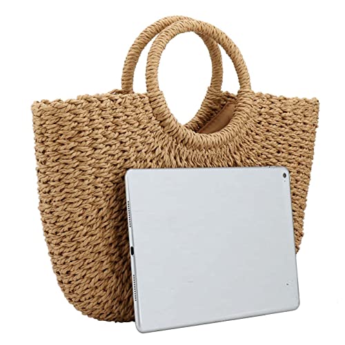 Summer Rattan Bag for Women Straw Hand-woven Top-handle Handbag Beach Sea Straw Rattan Tote Clutch Bags (Coyote brown)