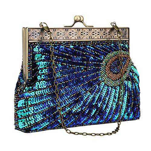 Womens Sequin Beaded Evening Bag Antique Peacock Evening Wedding Clutch Purse Evening Handbag for Wedding Party Cocktail (Peacock blue)