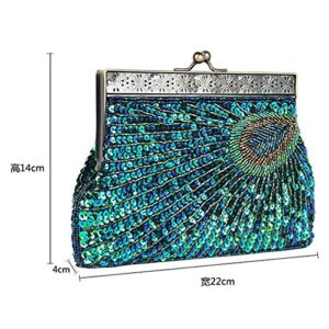 Womens Sequin Beaded Evening Bag Antique Peacock Evening Wedding Clutch Purse Evening Handbag for Wedding Party Cocktail (Peacock blue)