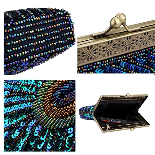 Womens Sequin Beaded Evening Bag Antique Peacock Evening Wedding Clutch Purse Evening Handbag for Wedding Party Cocktail (Peacock blue)