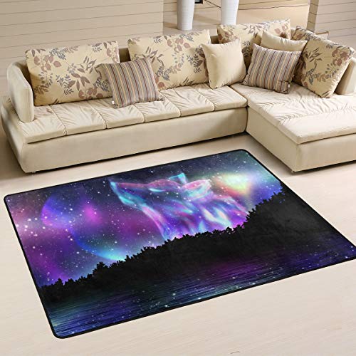 ALAZA Howling Wolf Galaxy Starry Night Sky Area Soft Non Slip Floor Mat Washable Carpet for Bedroom Living Room 1 Piece 4x6 Feet