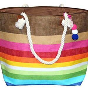 PIER 17 Women's Beach Bags | Extra Large Striped Straw Shoulder Tote with Rope Handle Zipper Closure Inner Pockets