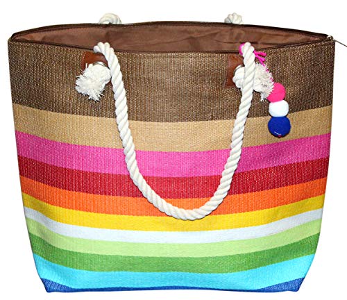 PIER 17 Women's Beach Bags | Extra Large Striped Straw Shoulder Tote with Rope Handle Zipper Closure Inner Pockets