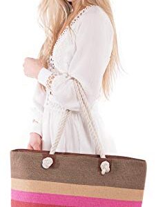 PIER 17 Women's Beach Bags | Extra Large Striped Straw Shoulder Tote with Rope Handle Zipper Closure Inner Pockets