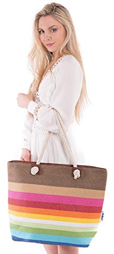 PIER 17 Women's Beach Bags | Extra Large Striped Straw Shoulder Tote with Rope Handle Zipper Closure Inner Pockets