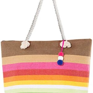 PIER 17 Women's Beach Bags | Extra Large Striped Straw Shoulder Tote with Rope Handle Zipper Closure Inner Pockets