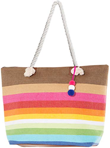 PIER 17 Women's Beach Bags | Extra Large Striped Straw Shoulder Tote with Rope Handle Zipper Closure Inner Pockets