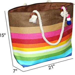 PIER 17 Women's Beach Bags | Extra Large Striped Straw Shoulder Tote with Rope Handle Zipper Closure Inner Pockets