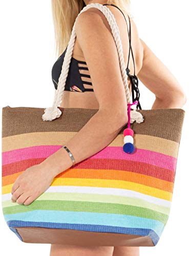 PIER 17 Women's Beach Bags | Extra Large Striped Straw Shoulder Tote with Rope Handle Zipper Closure Inner Pockets