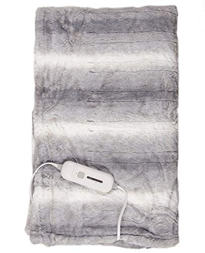 Luxe Faux Fur Soft Plush 100% Animal-Free Electric Throw Heated Blanket with Uniform Heating, 8.5' Power Cord, Handheld Controller with 4 Heat Settings, Grey/White, 50 x 60 in