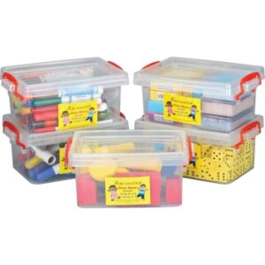 really good stuff small clear plastic stackable storage tubs with locking lid – red handles lock lid in place – hold supplies, manipulatives and more in classroom or home, 8”x4”x5” (set of 5)