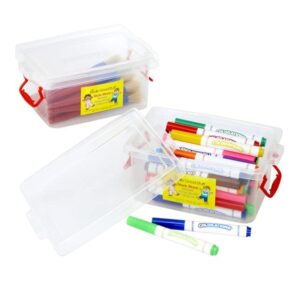 Really Good Stuff Small Clear Plastic Stackable Storage Tubs with Locking Lid – Red Handles Lock Lid in Place – Hold Supplies, Manipulatives and More in Classroom or Home, 8”x4”x5” (Set of 5)