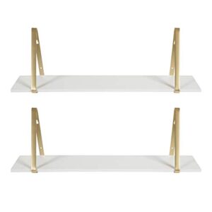 Kate and Laurel Soloman White Wooden Shelves with Gold Metal Brackets, 2 Piece Set