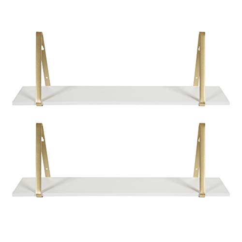 Kate and Laurel Soloman White Wooden Shelves with Gold Metal Brackets, 2 Piece Set