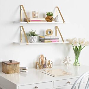 Kate and Laurel Soloman White Wooden Shelves with Gold Metal Brackets, 2 Piece Set