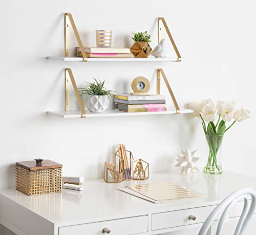 Kate and Laurel Soloman White Wooden Shelves with Gold Metal Brackets, 2 Piece Set