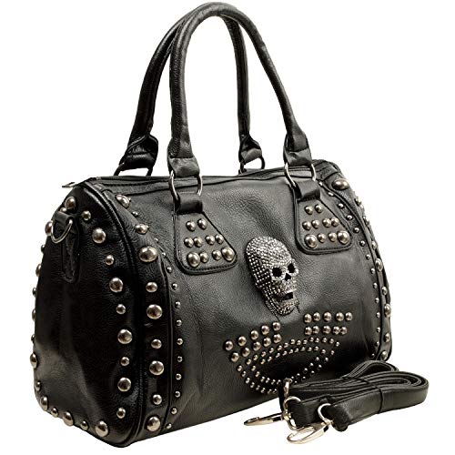 MG Collection HOWEA Black Vegan Leather Purse, Top Handle Halloween Purse with Metal Skull and Stud Ornament and Removable Shoulder Straps, Doctor Style Gothic Handbag