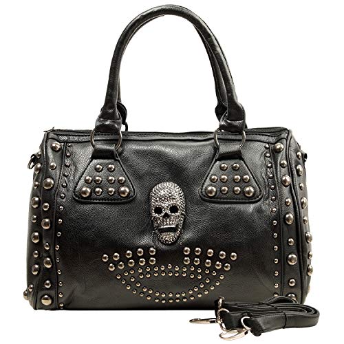 MG Collection HOWEA Black Vegan Leather Purse, Top Handle Halloween Purse with Metal Skull and Stud Ornament and Removable Shoulder Straps, Doctor Style Gothic Handbag