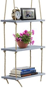 sorbus wood hanging shelf 3-tier rustic wood swing storage shelves jute rope organizer rack, floating display shelves (grey)