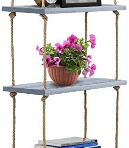 Sorbus Wood Hanging Shelf 3-Tier Rustic Wood Swing Storage Shelves Jute Rope Organizer Rack, Floating Display Shelves (Grey)