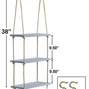 Sorbus Wood Hanging Shelf 3-Tier Rustic Wood Swing Storage Shelves Jute Rope Organizer Rack, Floating Display Shelves (Grey)