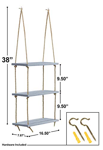 Sorbus Wood Hanging Shelf 3-Tier Rustic Wood Swing Storage Shelves Jute Rope Organizer Rack, Floating Display Shelves (Grey)