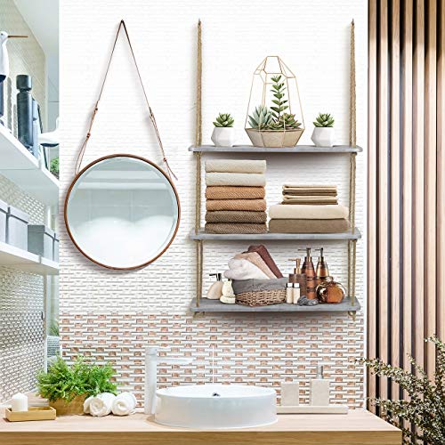 Sorbus Wood Hanging Shelf 3-Tier Rustic Wood Swing Storage Shelves Jute Rope Organizer Rack, Floating Display Shelves (Grey)