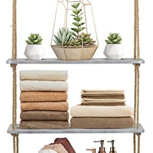 Sorbus Wood Hanging Shelf 3-Tier Rustic Wood Swing Storage Shelves Jute Rope Organizer Rack, Floating Display Shelves (Grey)