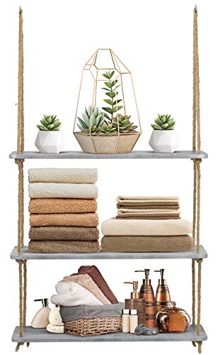 Sorbus Wood Hanging Shelf 3-Tier Rustic Wood Swing Storage Shelves Jute Rope Organizer Rack, Floating Display Shelves (Grey)