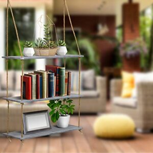 Sorbus Wood Hanging Shelf 3-Tier Rustic Wood Swing Storage Shelves Jute Rope Organizer Rack, Floating Display Shelves (Grey)