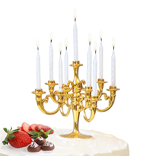 Luxury Candelabra Birthday Candles, Special Cake Candles, Party and Event Unique Candle, Cake Topper with 9 Candles, Cake Candle Holders, Cake Decorations, Romantic Propose Candles (Metallic Gold)