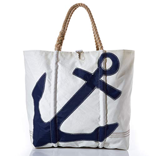 Sea Bags Recycled Sail Cloth X-Large Navy Anchor Tote Bag Beach Bag Tote, Large Travel Bag, Tote Bag for Work Rope Handles