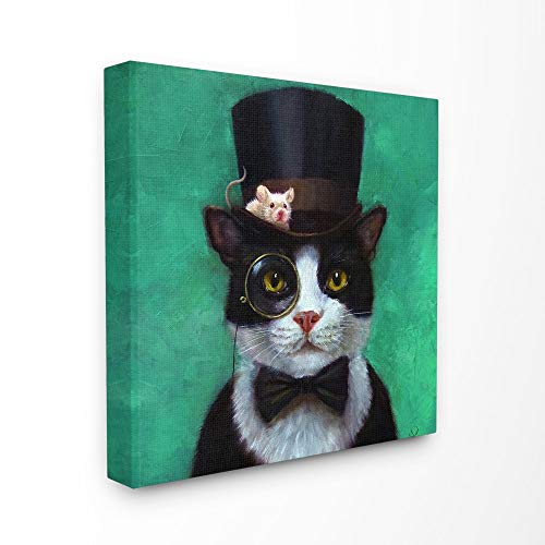 Stupell Industries Good Sir Top Hat Cat with a Mouse and A Monocle Turquoise Painting Canvas Wall Art, 24 x 24, Multi-Color