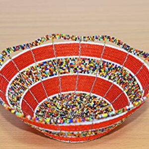 Set of 3 African Beaded Wire Bowls (2 x Large blue/red, 8 Inches + 1 Small blue, 6 inches) - Maasai Jewelry Bowl - Handmade in Kenya, KSBOWL012