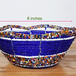 Set of 3 African Beaded Wire Bowls (2 x Large blue/red, 8 Inches + 1 Small blue, 6 inches) - Maasai Jewelry Bowl - Handmade in Kenya, KSBOWL012