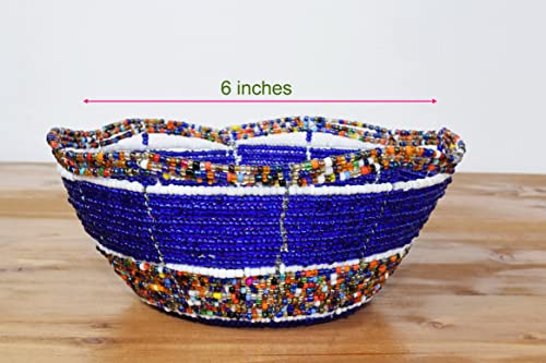 Set of 3 African Beaded Wire Bowls (2 x Large blue/red, 8 Inches + 1 Small blue, 6 inches) - Maasai Jewelry Bowl - Handmade in Kenya, KSBOWL012