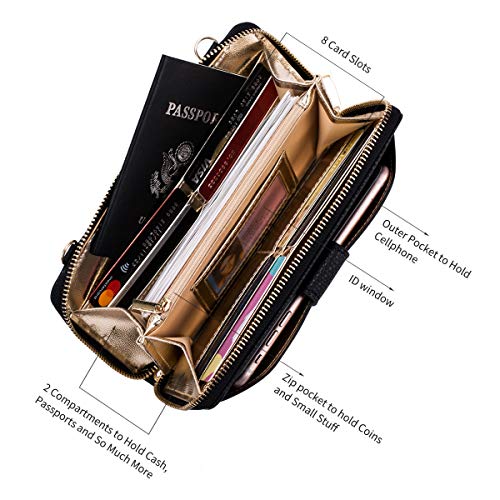 Womens Wristlet Wallet Crossbody Bag Cellphone Purse Handbag RFID Card Slots 2 Strap Wrist, Black, 8.3*4.3*1.4