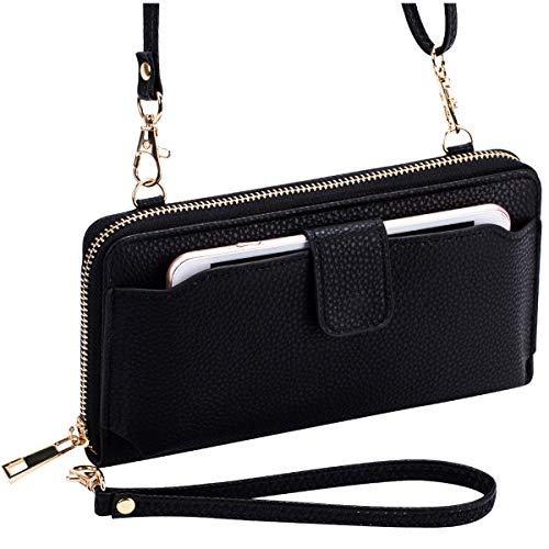 Womens Wristlet Wallet Crossbody Bag Cellphone Purse Handbag RFID Card Slots 2 Strap Wrist, Black, 8.3*4.3*1.4