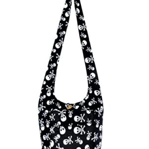 FULLY LINED Skull Hippie Hobo Sling Crossbody Bag - Large Front Phone Pocket - Metal Zippers