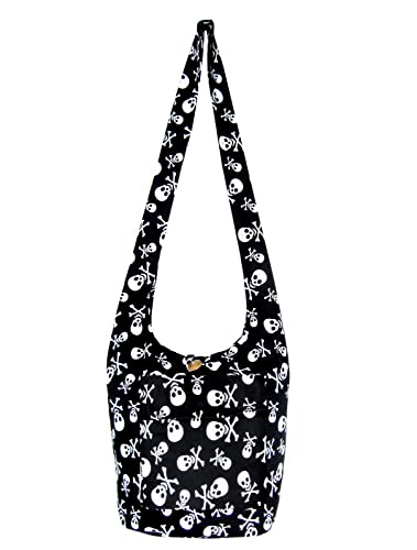 FULLY LINED Skull Hippie Hobo Sling Crossbody Bag - Large Front Phone Pocket - Metal Zippers