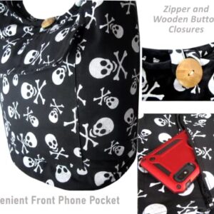 FULLY LINED Skull Hippie Hobo Sling Crossbody Bag - Large Front Phone Pocket - Metal Zippers