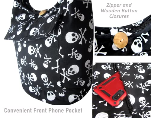 FULLY LINED Skull Hippie Hobo Sling Crossbody Bag - Large Front Phone Pocket - Metal Zippers