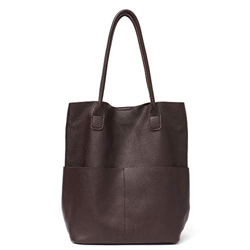 STEPHIECATH Genuine Leather Women's Shoulder Bag Large Casual Soft Real Leather Skin Tote Vintage Snap Basket Carry Bag (COFFEE)