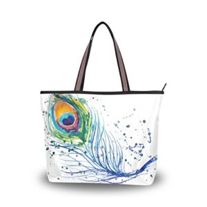 jstel women large tote top handle shoulder bags watercolor peacock feather patern ladies handbag