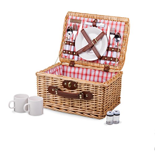 PICNIC TIME Catalina Picnic Basket for 2 - Wicker Picnic Basket with Picnic Set, (Red & White Plaid Pattern)